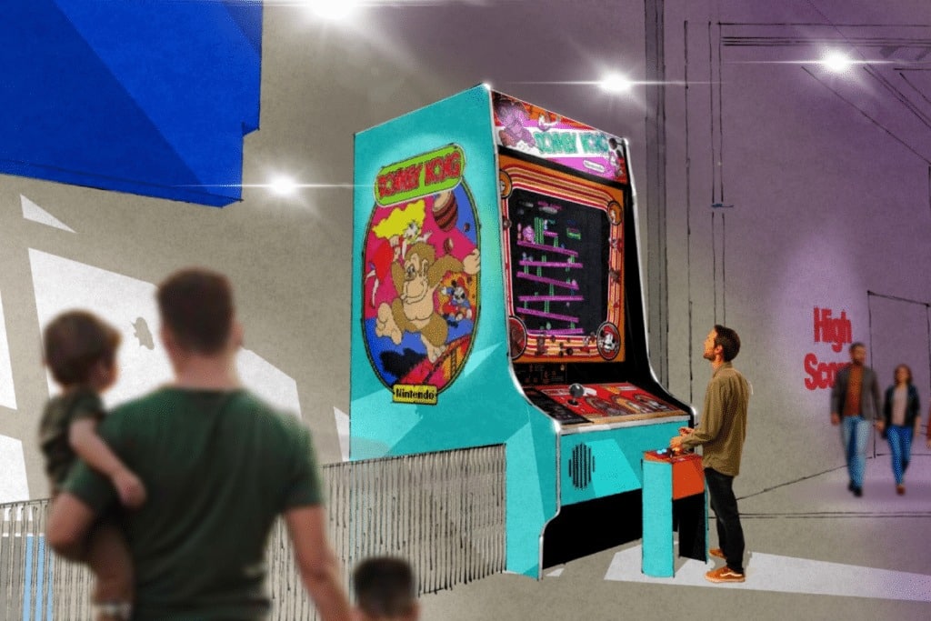 Test your skills on this giant Donkey Kong arcade machine